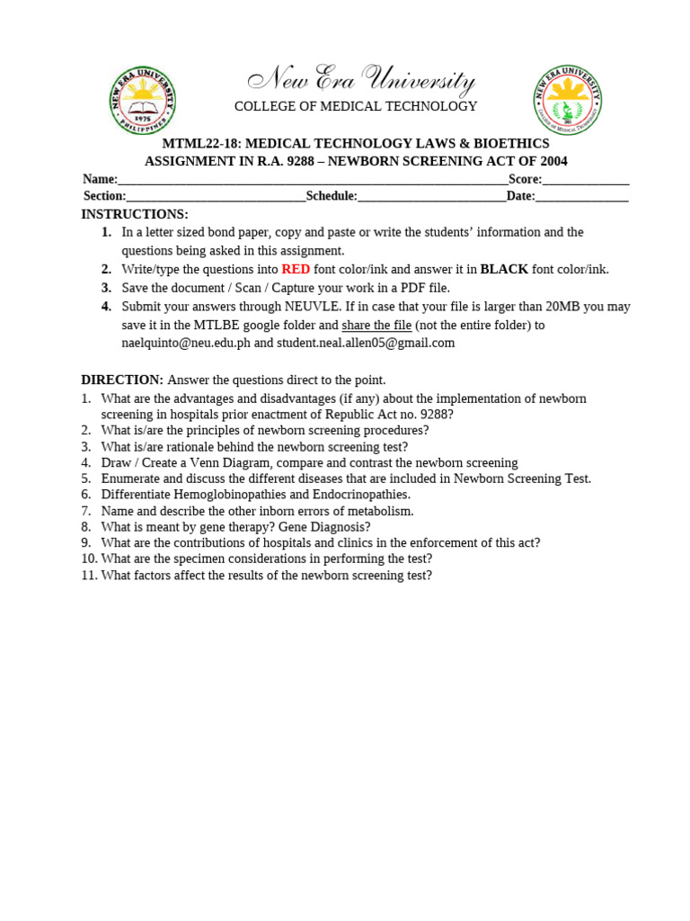 Assignment in RA 9288 Newborn Screening | PDF