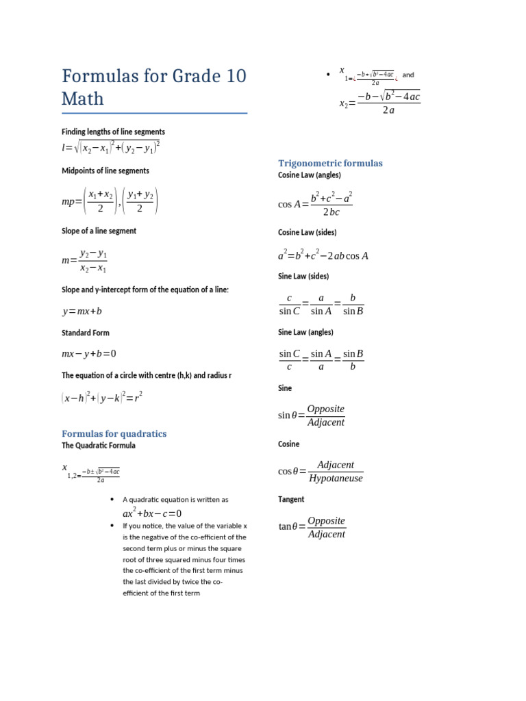 Formulas For Grade 10 Math | PDF | Trigonometric Functions | Complex Analysis