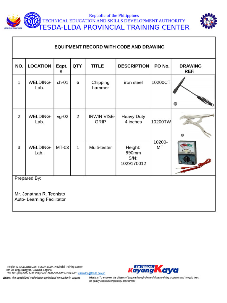 Equipment Record for TESDA-LLDA Center | PDF