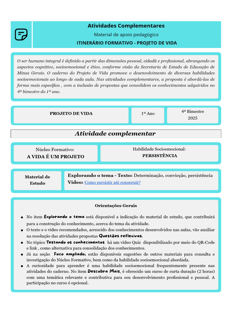 4 Bim Projeto de Vida 1º Ano Atividade Complementar | PDF | Aprendizado | Pedagogia