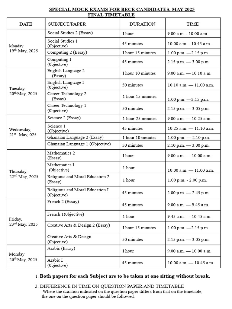 BECE Special Mock Exam Timetable 2025 | PDF