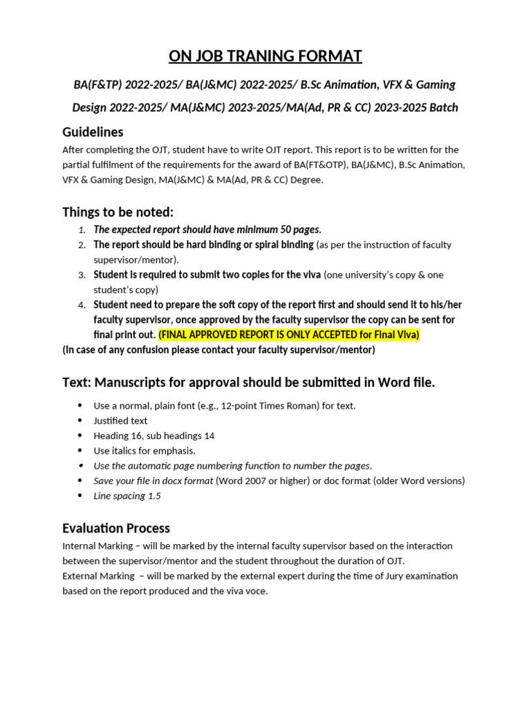 On Job Traning Report Format | PDF