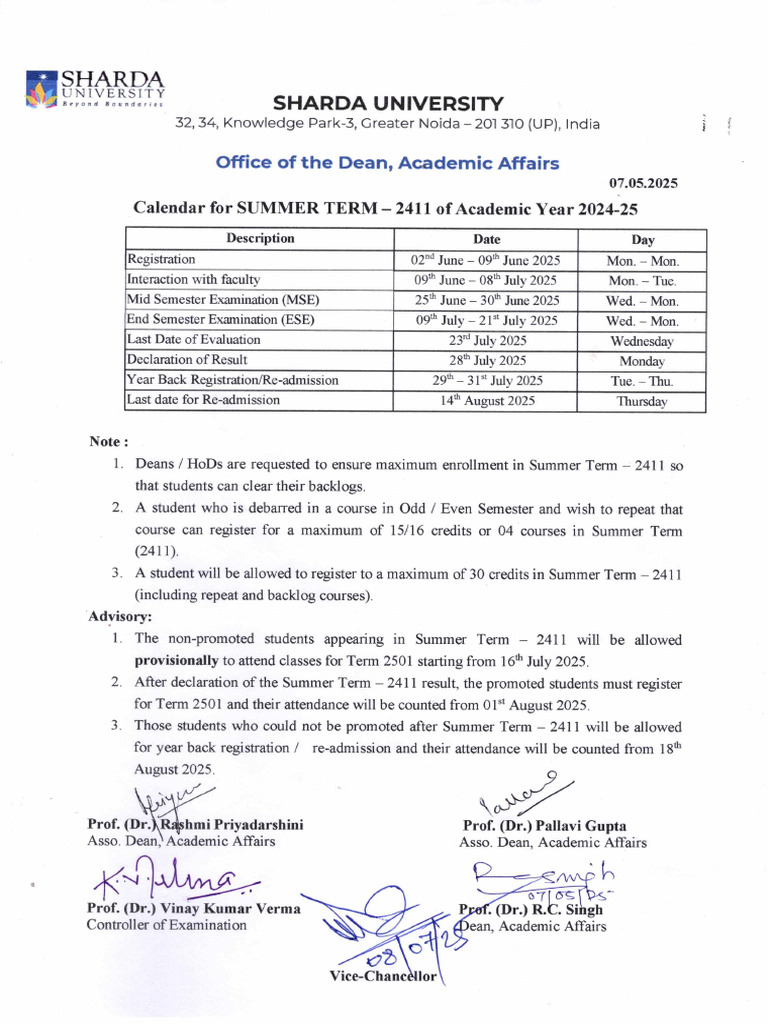 Calendar For Summer Term 2411 | PDF