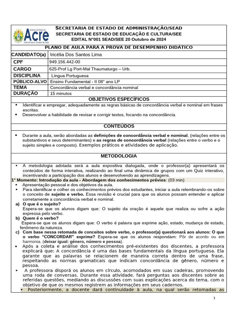 Plano de Aula (Nº 512-020529 | PDF | Assunto (gramática) | Linguística