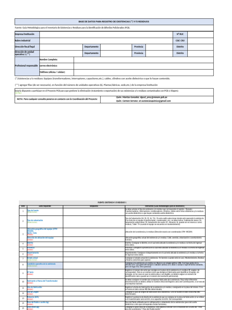 Base de datos para registro de existencias y.o residuos potencialmente ...