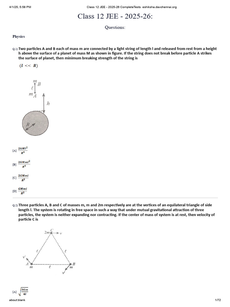 Class 12 JEE - 2025-26 Part Test-2.2025 | PDF | Mass | Force