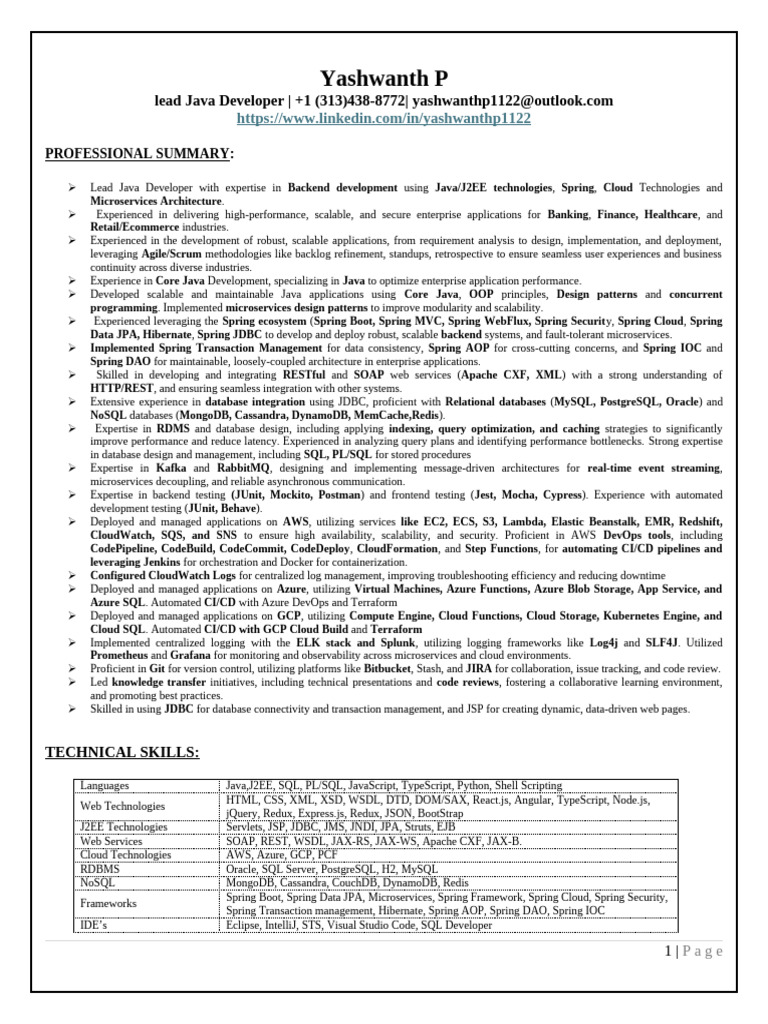 Lead Java Developer Resume Summary | PDF | Spring Framework | Databases