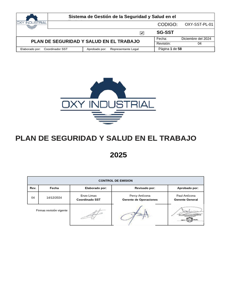 Oxy-Sst-Pl-01 Plan Anual de SST - Oxy Industrial.1 | PDF | Seguridad y salud ocupacional | La ...