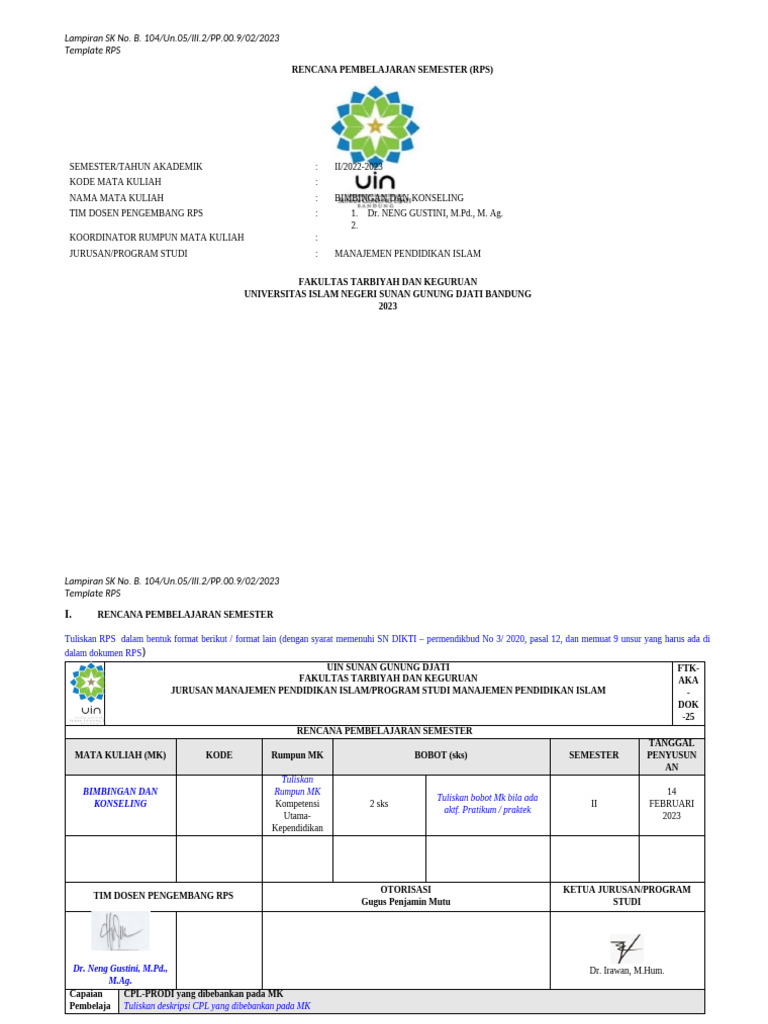 B. 104. Lampiran SK - Template RPS - FTK 2023 BK FIX NEW Nonilai | PDF