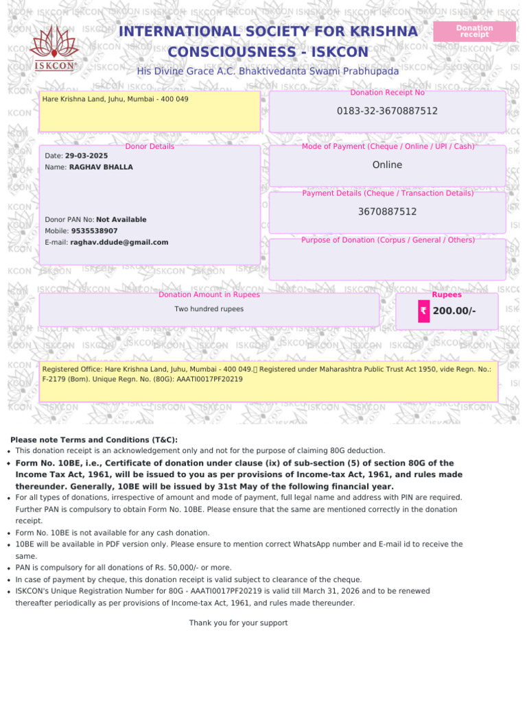 ISKCON Donation Receipt Guidelines | PDF | Receipt | Payments