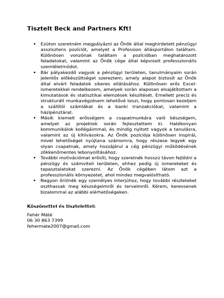 Fehér Máté 11.A Motivációs Levél | PDF