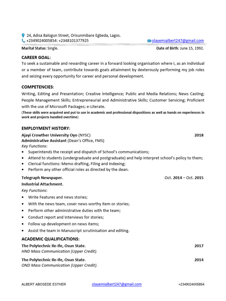 Ayeni Olayemi Esther New CV | PDF