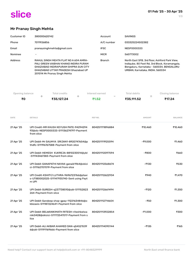 slice_statement_01Feb25_30Apr25 | PDF | Payments | Banking Technology
