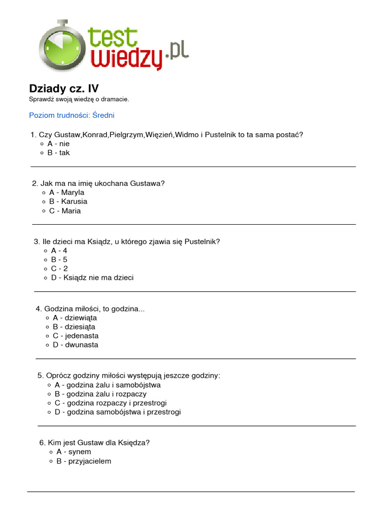Dziady IV - Test 1 | PDF