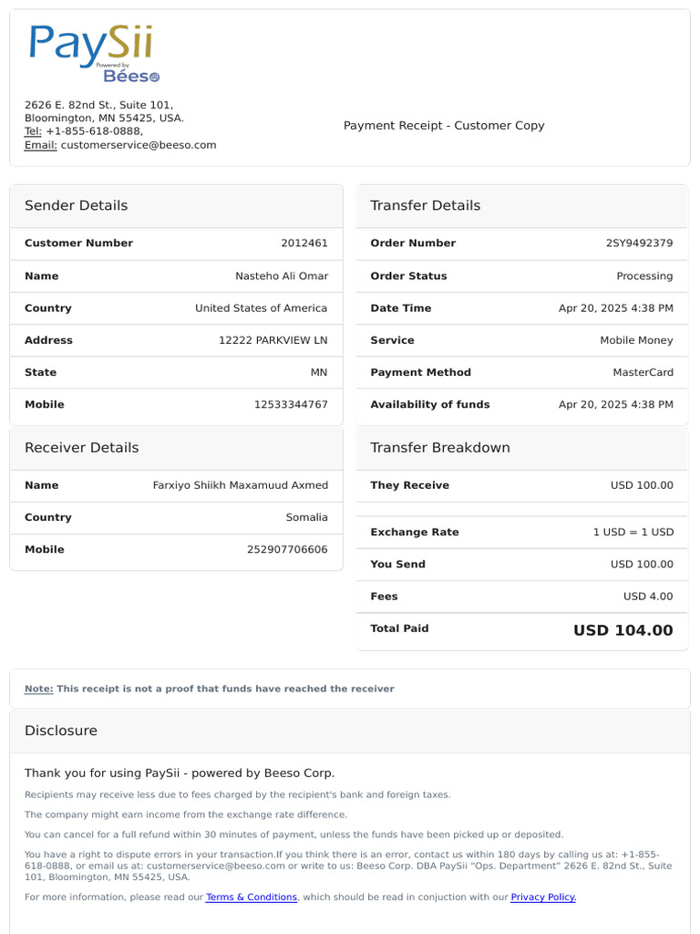 Sender Details Transfer Details: Payment Receipt - Customer | PDF ...