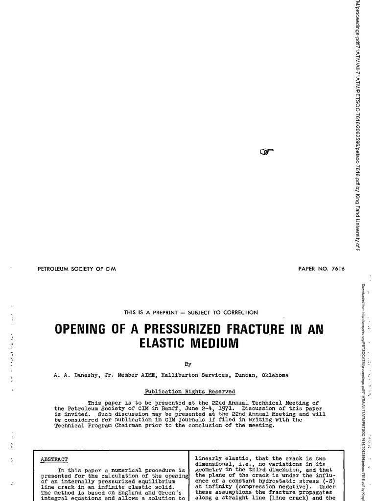Opening of A Pressurized Fracture in An Elastic Medium | PDF | Fracture ...