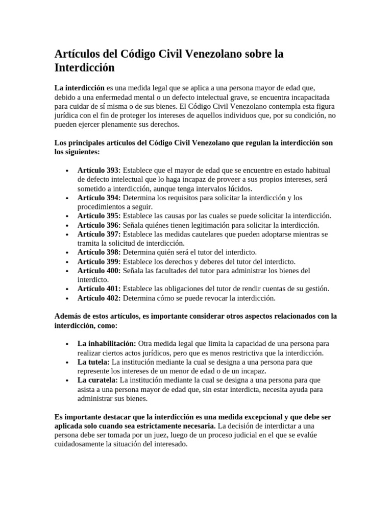 Artículos Del Código Civil Venezolano Sobre La Interdicción | PDF ...