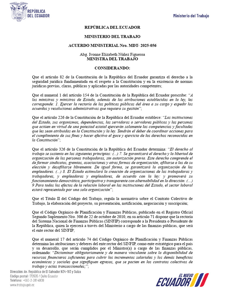 Acuerdo Ministerial Nro. MDT-2025-056-signed | PDF | Derecho laboral | Constitución