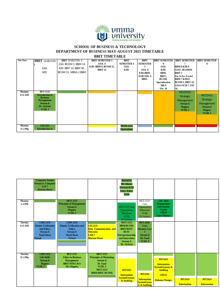 Bbit Timetable-may-Aug Draft 2 | PDF | Computing | Applied Mathematics