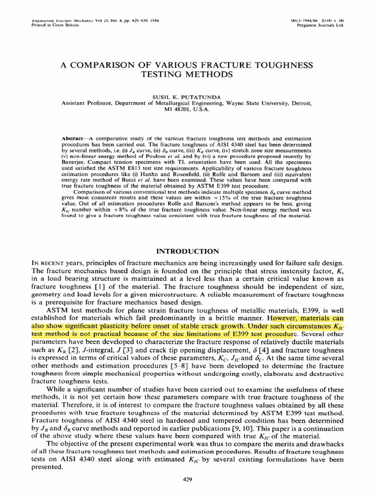 A Comparison of Various Fracture Toughness Testing Methods | PDF ...