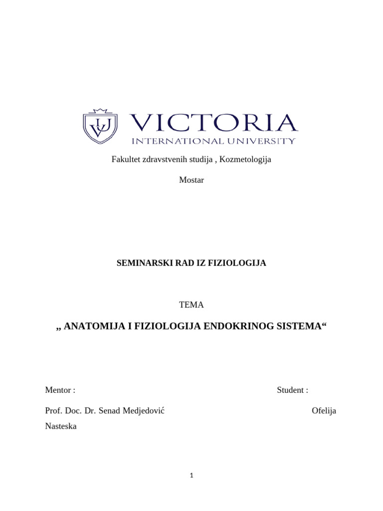 ,, Anatomija I Fiziologija Endokrinog Sistema": Seminarski Rad Iz Fiziologija | PDF