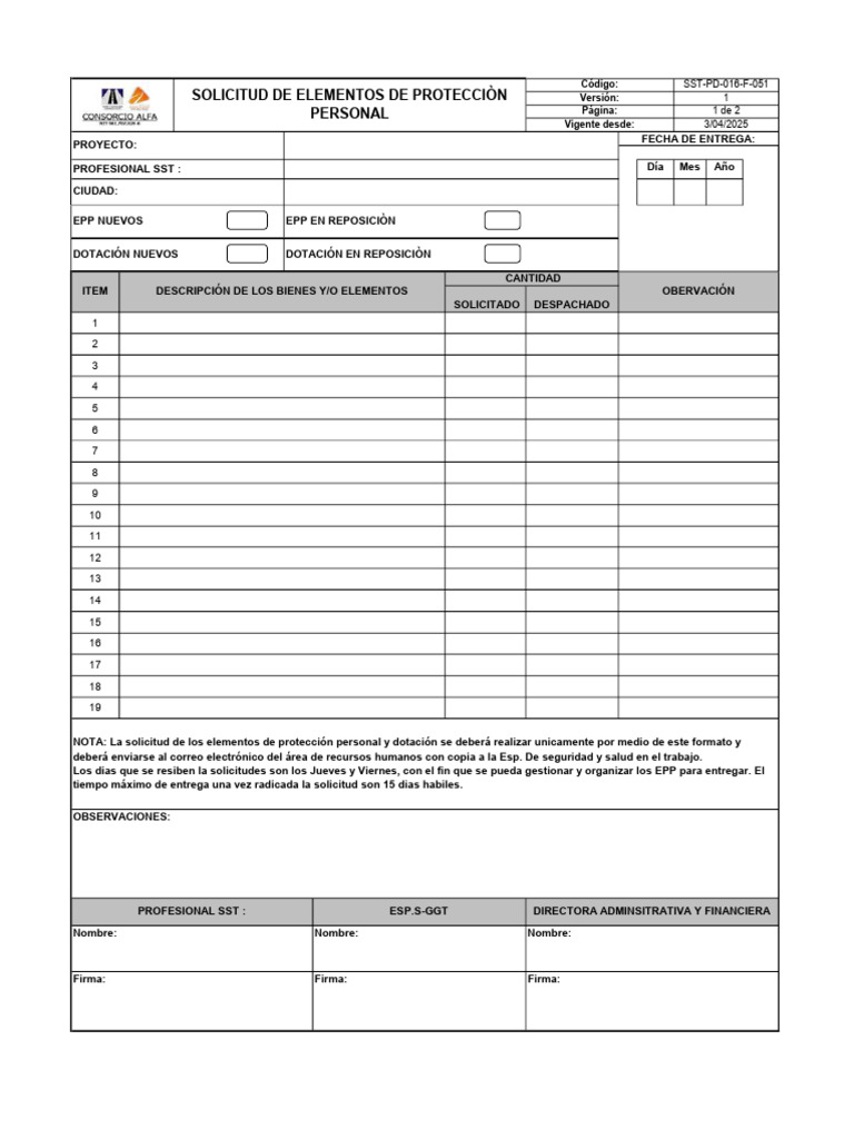 SST-PD-016-F-051 Solictud de Epp y Dotación | PDF