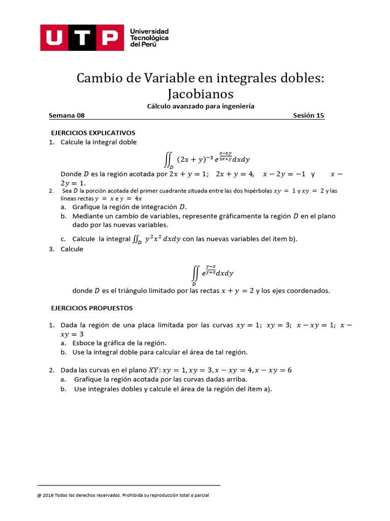 S08 - S1-Ejercicios (Cambio de Variable Jacobianos) | PDF | Integral | Análisis matemático