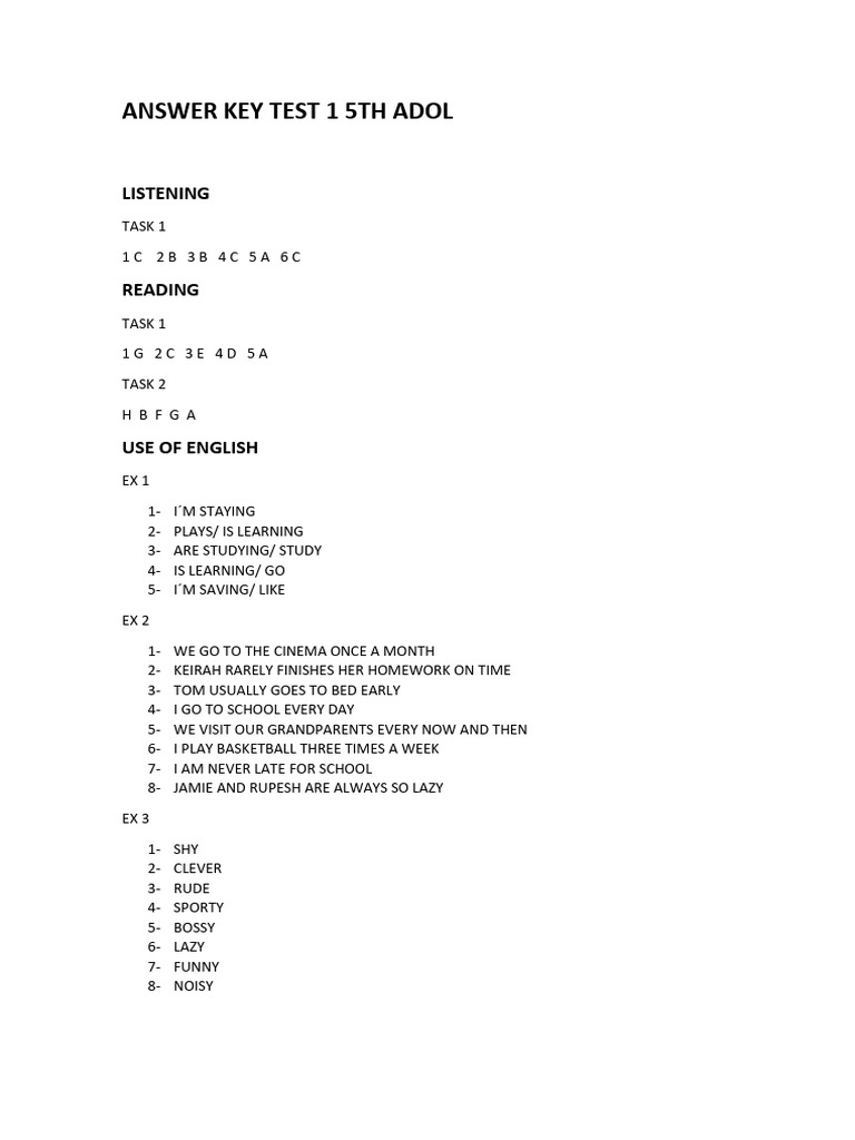 Answer Key Test 1 5th Adol | PDF