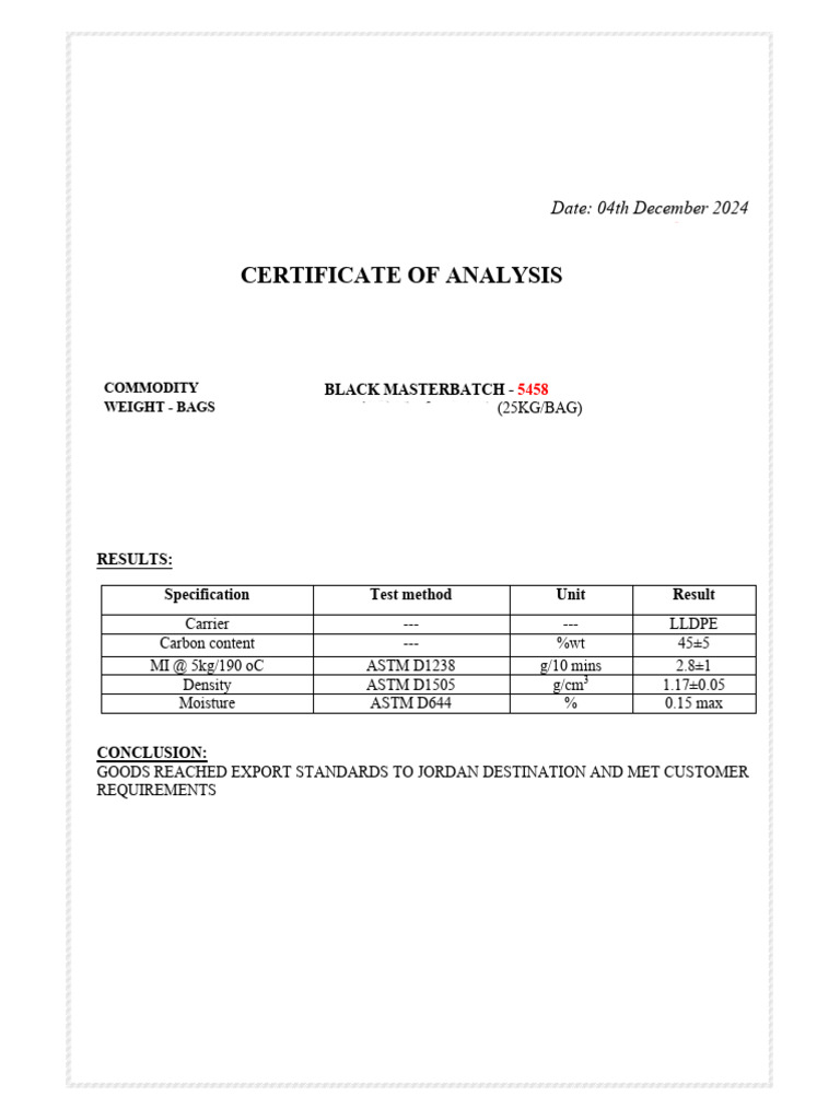 COA Black Masterbatch 5458 | PDF
