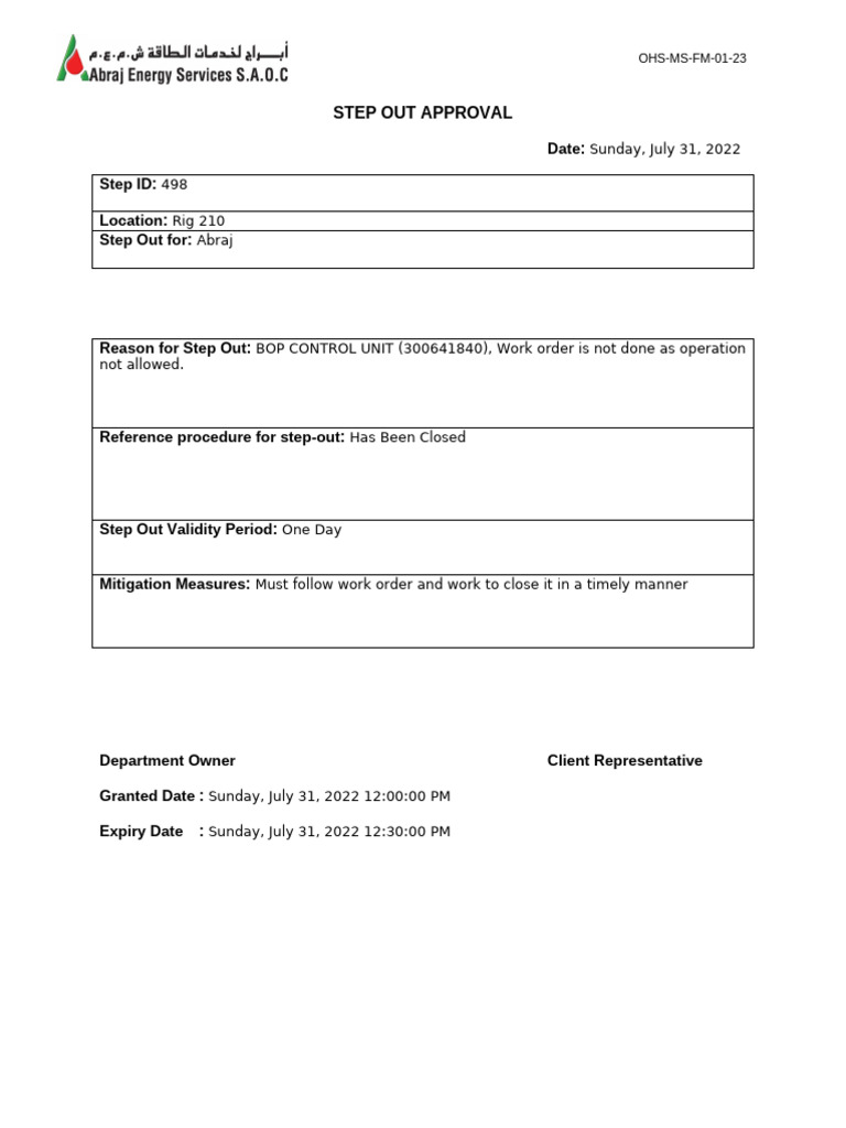 Step Out Approval for Rig 210 Operations | PDF