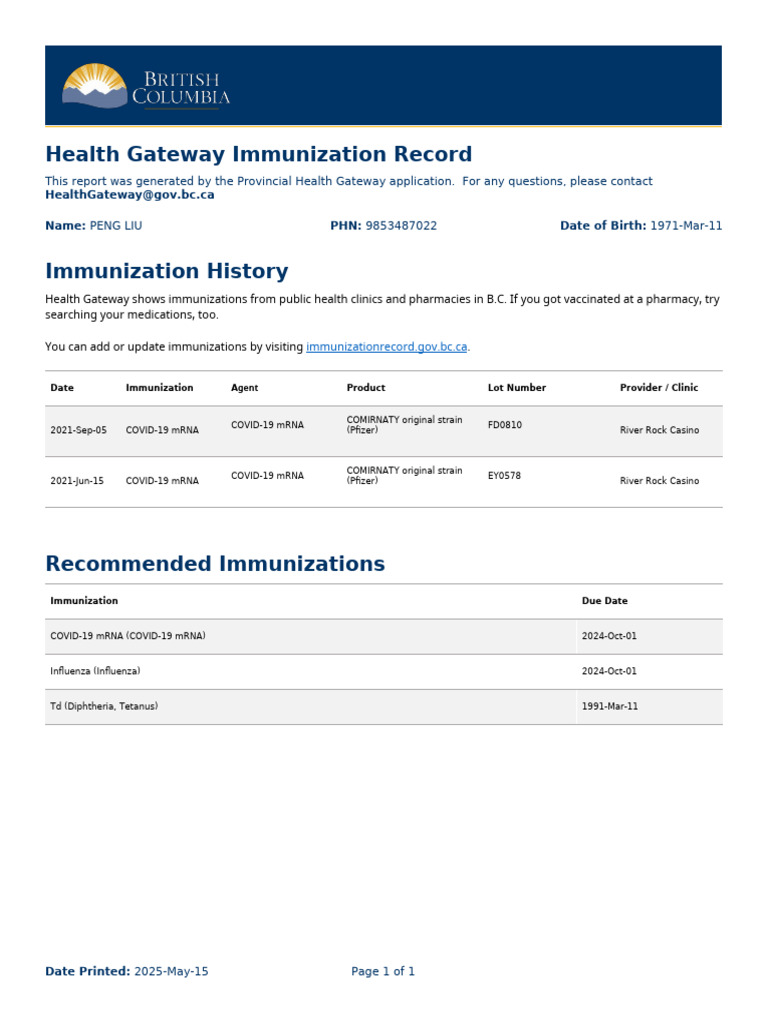Health Gateway Immunization Report | PDF