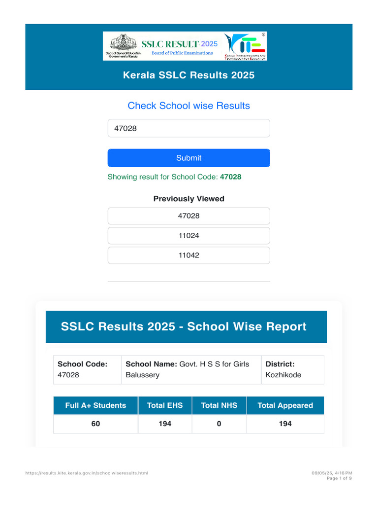 Kerala SSLC 2025 School Wise Results | PDF