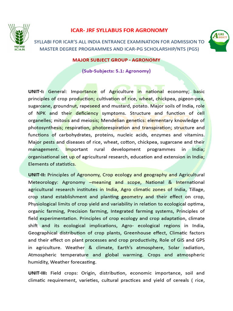 Icar-Jrf Syllabus For Agronomy | PDF | Agriculture | Crops