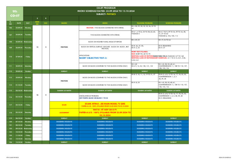 9TH Co-Iit - Physics - Microschedule - From - 23-09-2024 To 13-10-2024 | PDF | Friction ...