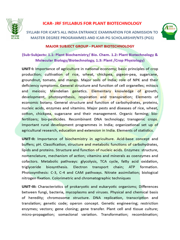 JRF Syllabus For Plant Biotechnology | PDF | Plants | Biochemistry