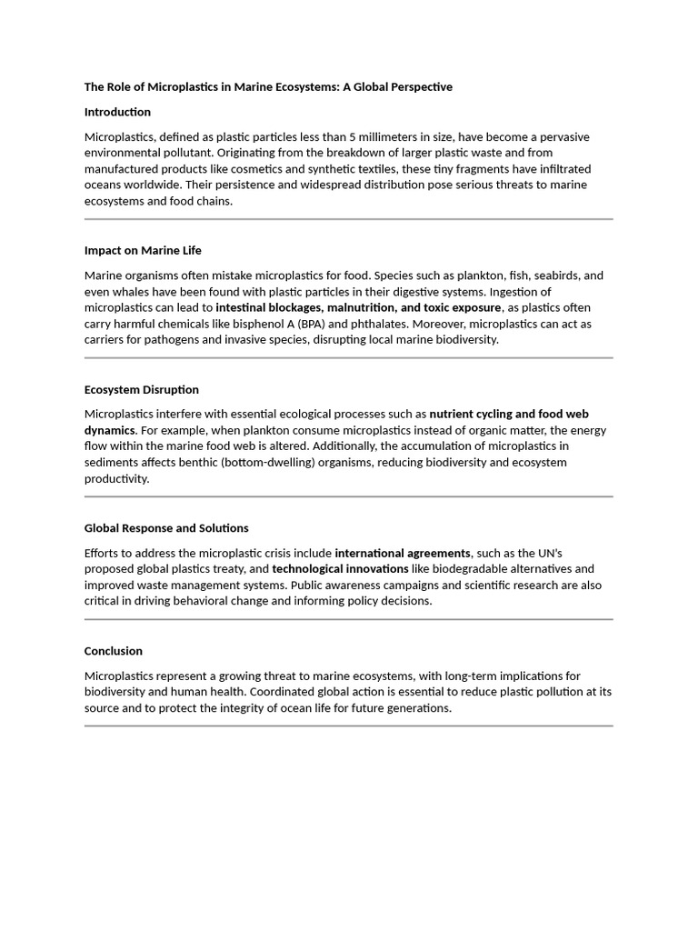 The Role of Microplastics in Marine Ecosystems | PDF