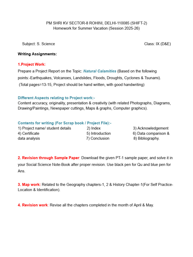 S.science Class IX Summer Vacation HHW 2025-26 | PDF