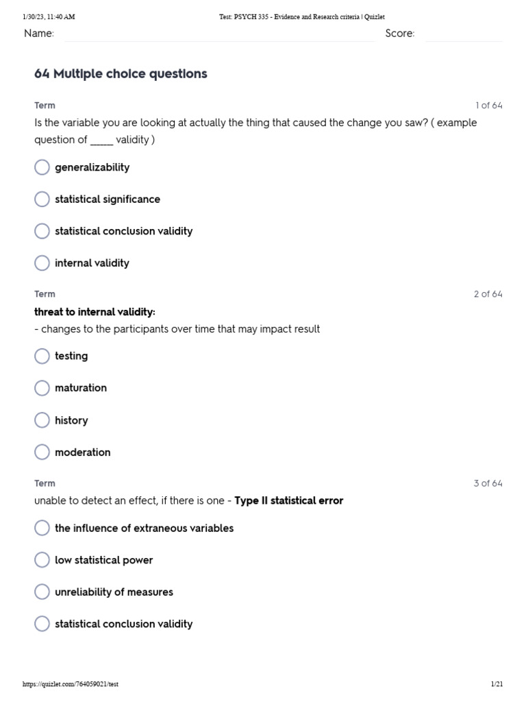 Test - PSYCH 335 - Evidence and Research Criteria - Quizlet | PDF ...