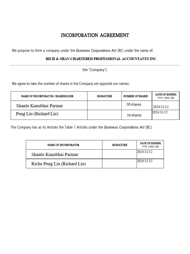 BC Incorporation Agreement - Revised Nov 18 | PDF | Proxy Voting | Dividend