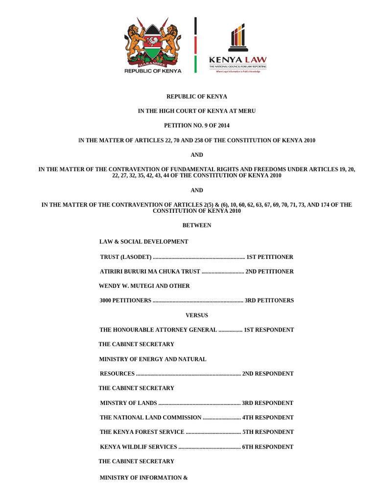 Law Social Development Trust (LASODET) 2 Others V Attorney General 12 Others 2014KEHC1 (KLR ...