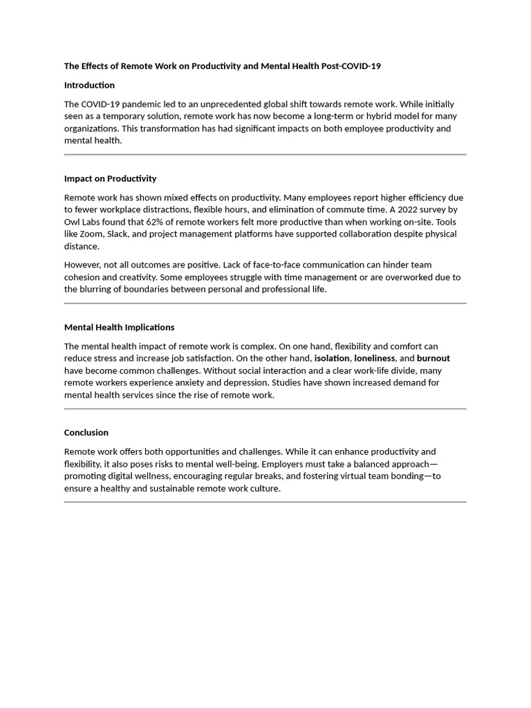 The Effects of Remote Work On Productivity and Mental Health Post | PDF