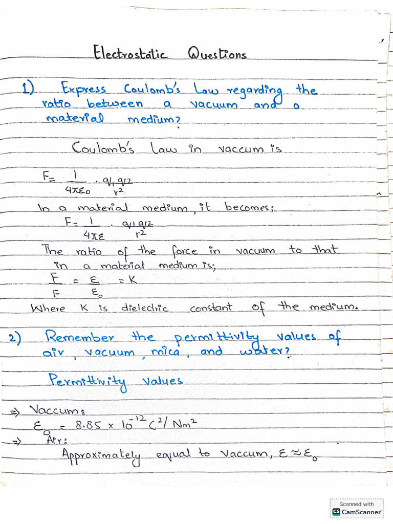 Chapter 1 Electrostatic Questions | PDF