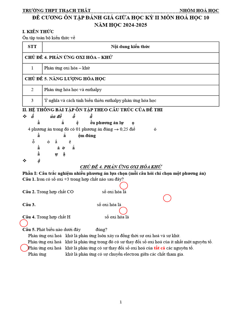 Chua de Cuong on Tap Giua Hoc Ky II Môn Hoá Học Lop 10 Nam Hoc 2024 2025 | PDF