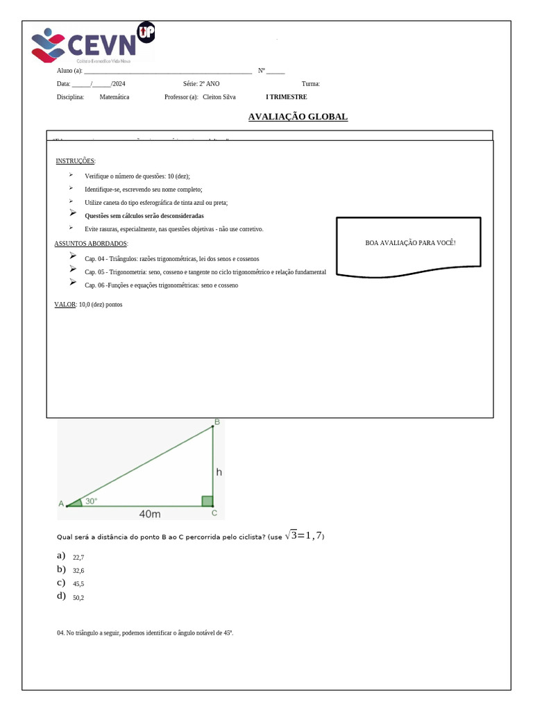 Avg - Matemática - 2º Ano Adap - Trimestre 01 - 2025 | PDF | Trigonometria | Geometria Elementar