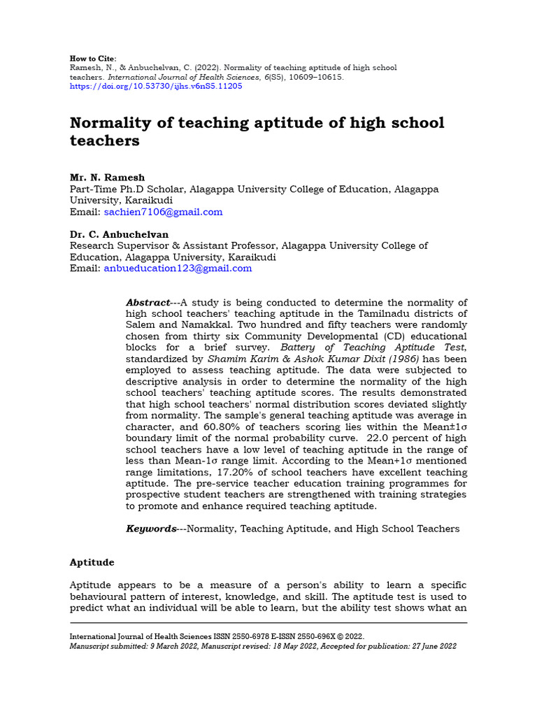Normality of Teaching Aptitude of High School Teac | PDF | Teachers ...