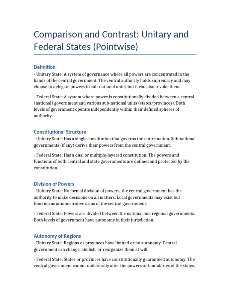 Unitary Vs Federal States | PDF | Federation | Federalism