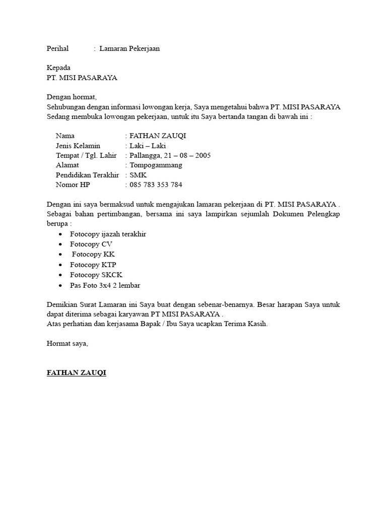 Biodata Lamaran Kerja Fathan Zauqi | PDF