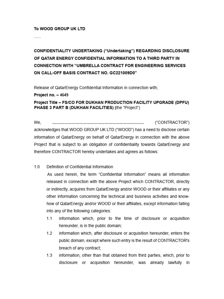 Confidentiality Undertaking Format - DPFU Proj-Signed | PDF | Trade Secret | Confidentiality