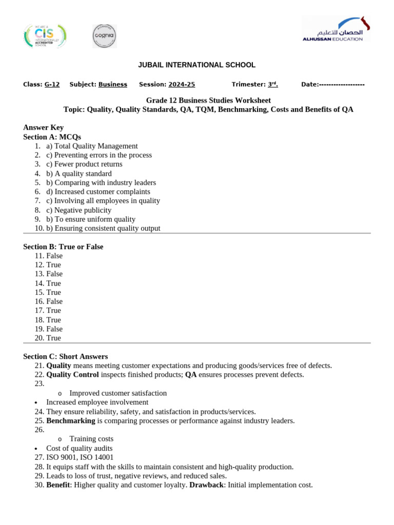 G-12 Quality Class Activity Answers | PDF