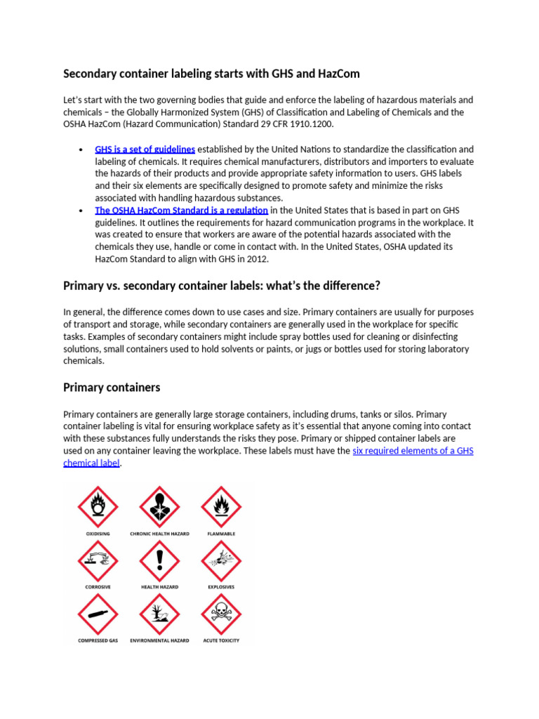 Secondary container labeling starts with GHS and HazCom | PDF | Safety ...